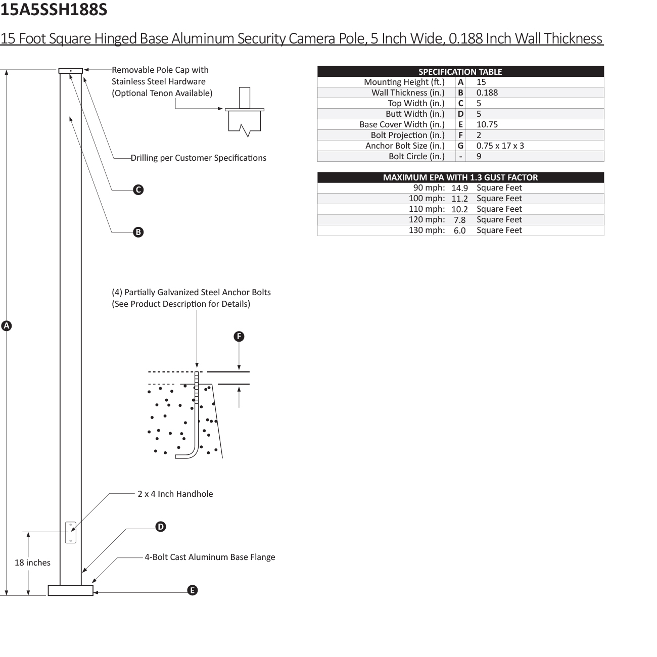 Square Hinged Aluminum Security Pole 15 ft 5 in 0.188 in Thick ...