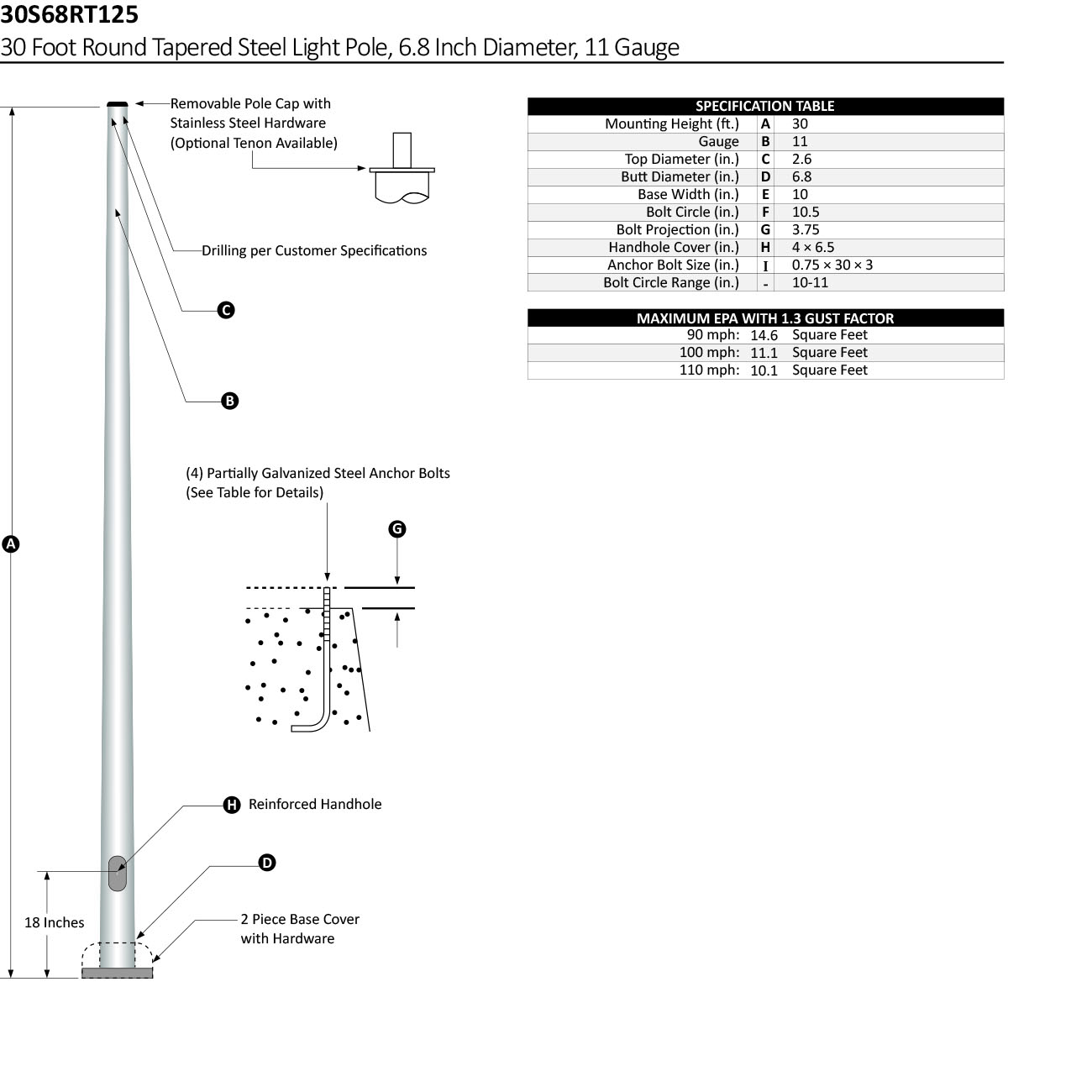 Round Tapered Steel Light Pole 11 Gauge 30 ft 6.8 in - Round Tapered ...